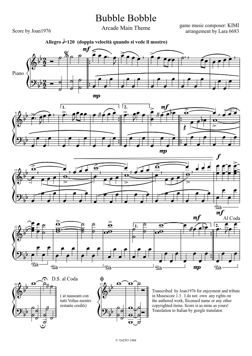 Bubble Bobble Main Theme Sheet Music for Piano (Solo) Easy | MuseScore.com