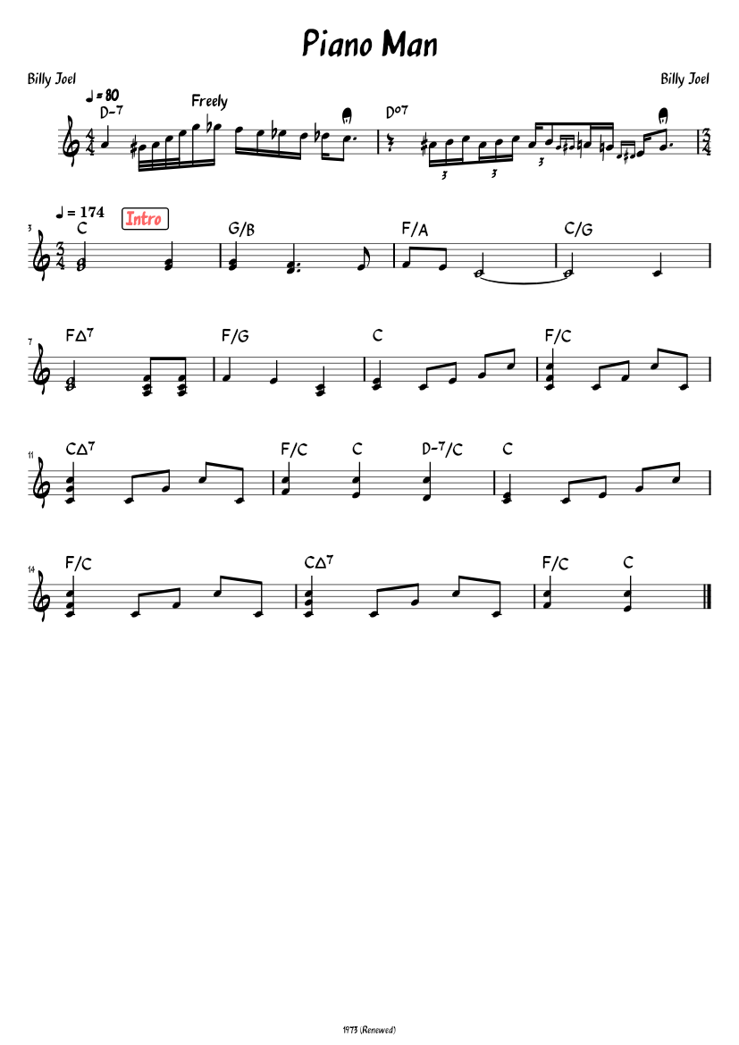 Piano Man (Lead sheet with lyrics ) Sheet Music with Chords for Piano ...