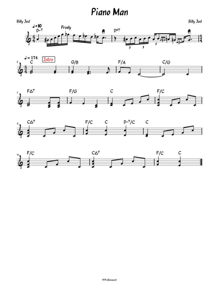 Piano Man (Lead sheet with lyrics ) Sheet music for Piano (Solo) Easy ...