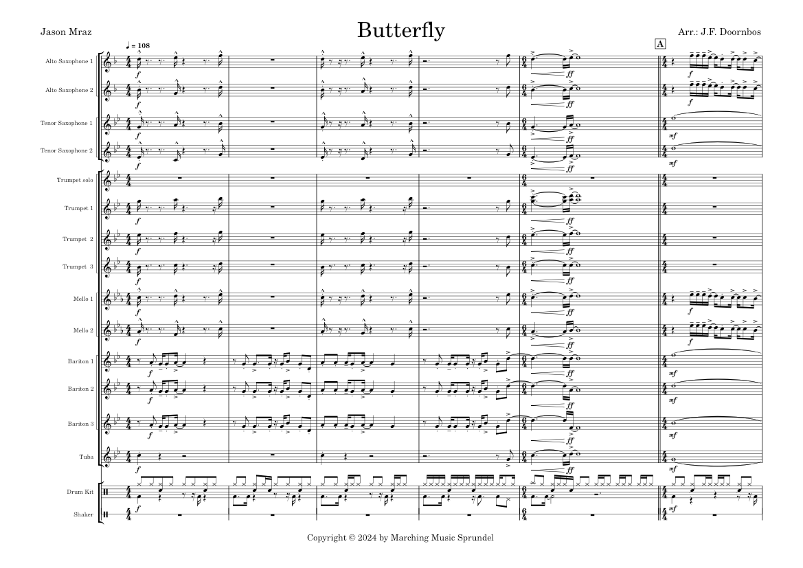 Butterfly – Jason Mraz Sheet music for Tuba, Saxophone alto, Saxophone ...