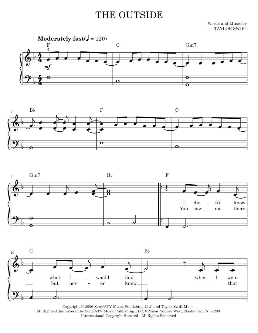 Play Official version of The outside Sheet Music by Taylor Swift for ...