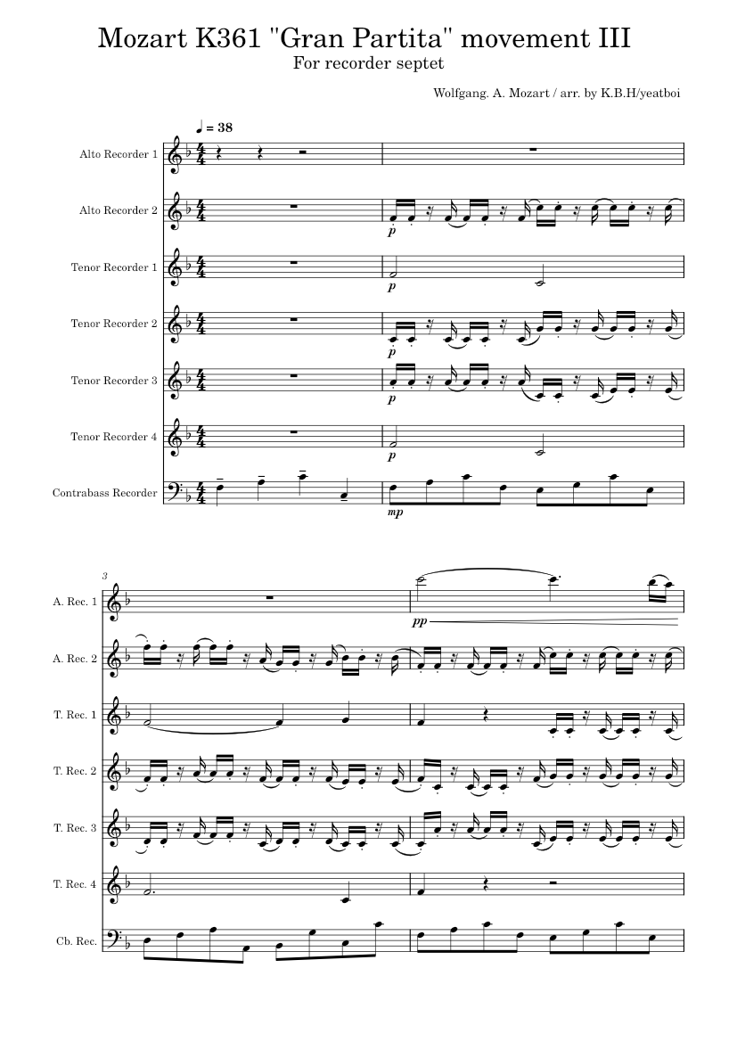 Mozart K361 "gran partita Movement III recorder ensemble septet arr. by ...