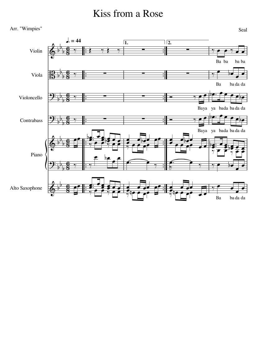 Kiss from a Rose Sheet music for Piano, Saxophone alto, Contrabass ...
