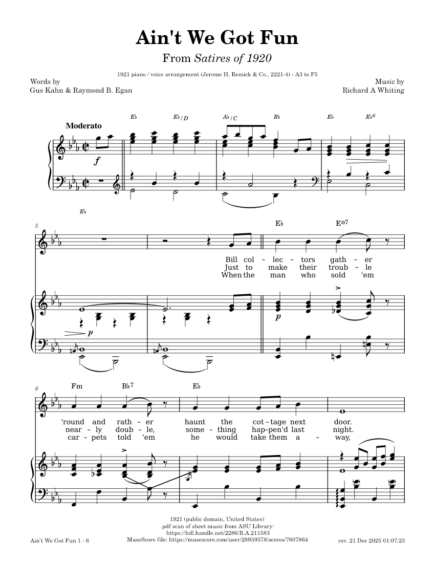 Ain't We Got Fun - Richard Whiting [1921 piano / voice sheet music arrangement] Sheet Music with ...