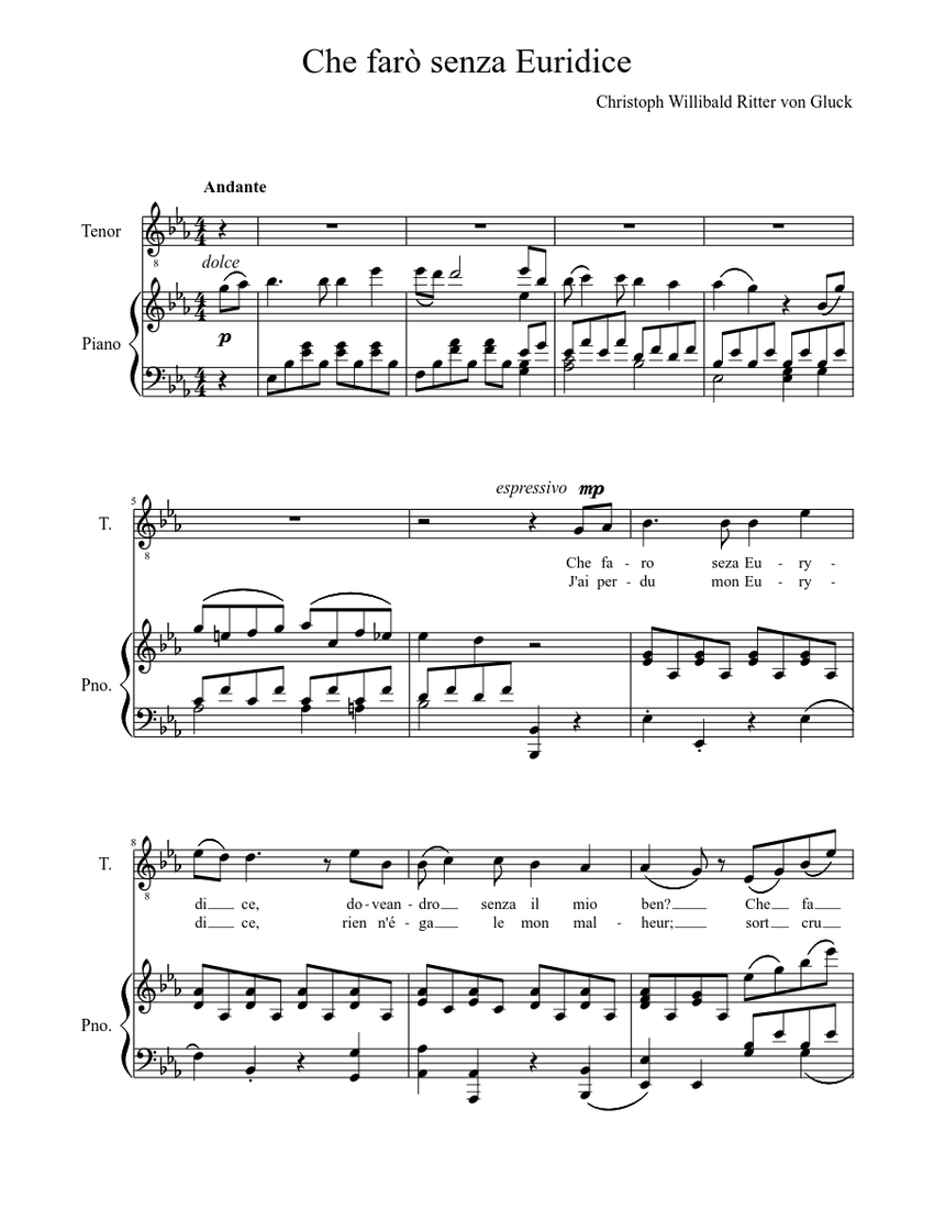 Che farò senza Euridice Sheet music for Piano (Solo) | Musescore.com
