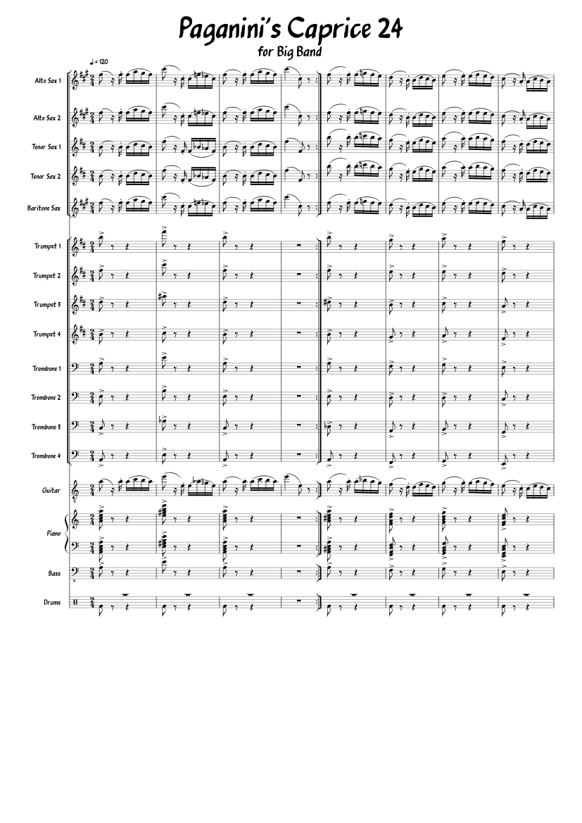 Paganini's Caprice 24 Sheet Music for Piano, Trombone, Saxophone alto ...