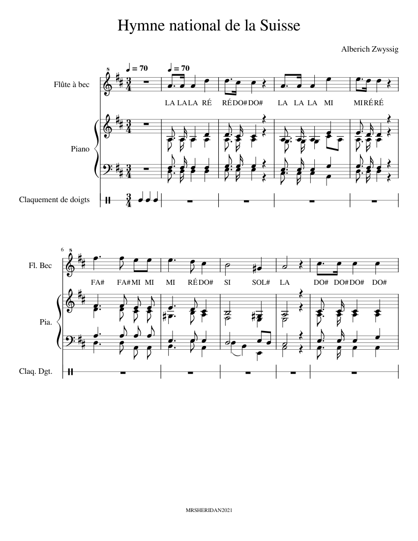 Schweizerpsalm – Alberich Zwyssig Sheet music for Piano, Recorder, Snap ...