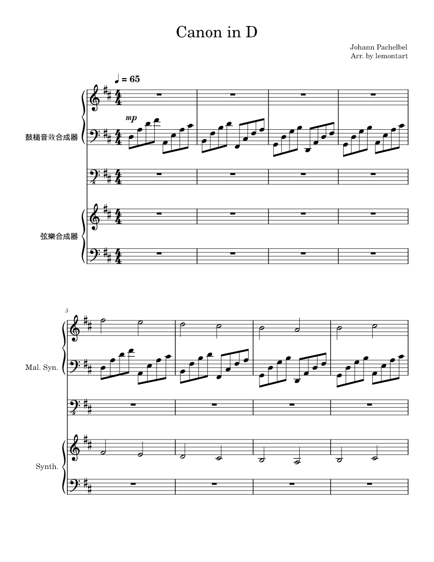 Canon in D – Synthesizer Mod Synth Mallet and Synth String 4 Sheet ...