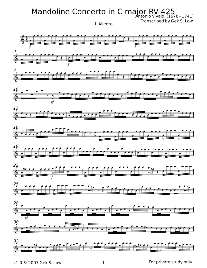 Mandolin Concerto in C major, RV 425 - Antonio Vivaldi Sheet Music for ...