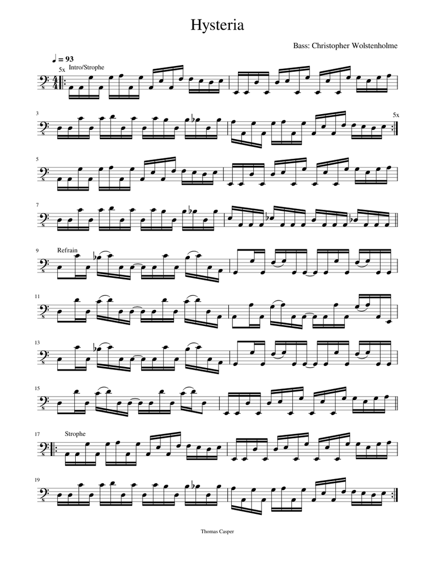 Hysteria - Bass Transkription Sheet music for Piano (Solo) | Musescore.com