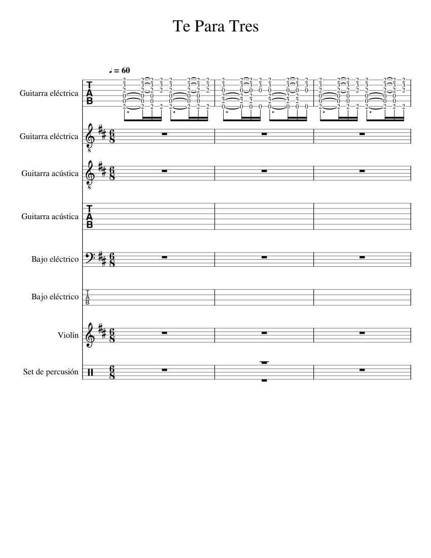 Te Para Tres Sheet music for Violin, Guitar, Bass guitar, Drum group ...