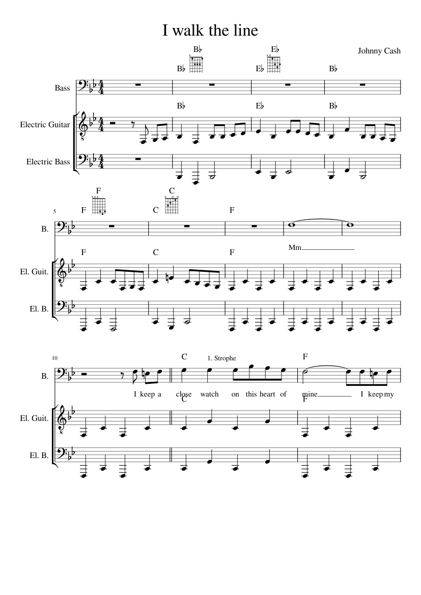 Johnny Cash - I walk the line Sheet music for Bass voice, Guitar, Bass ...