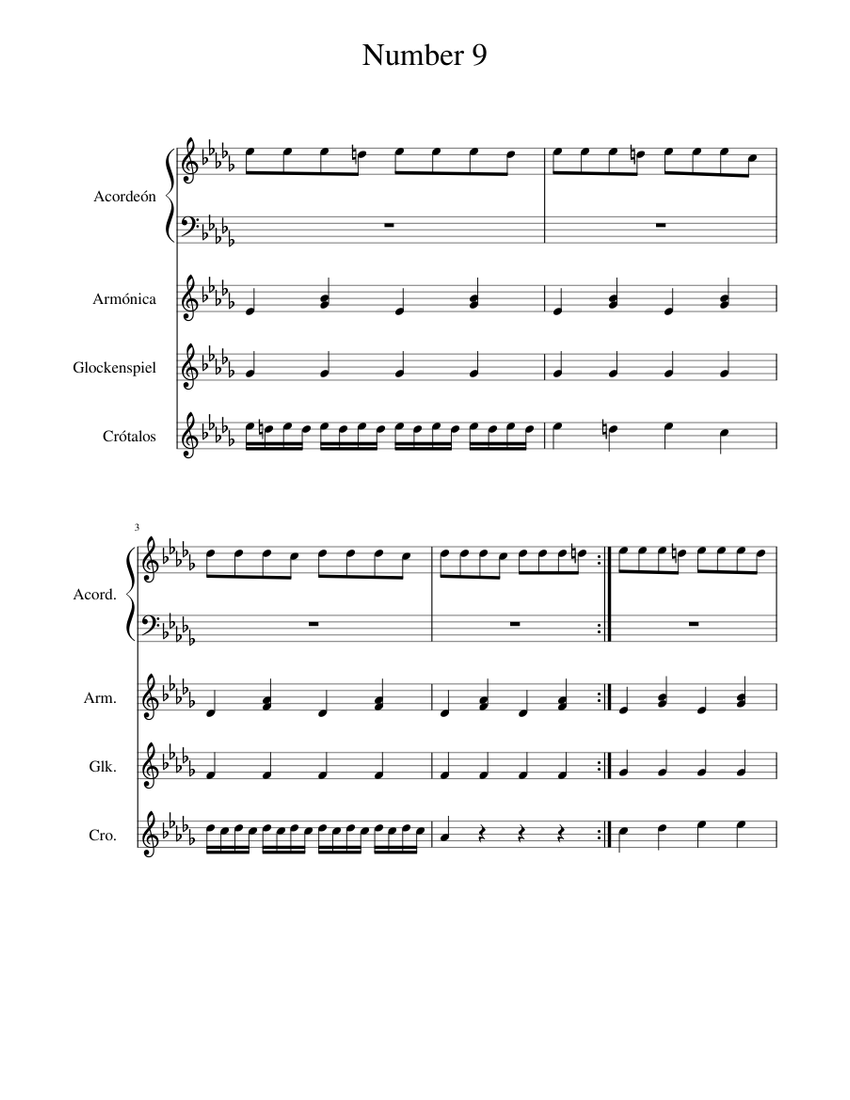 Number 9 Sheet music for Glockenspiel, Accordion, Harmonica, Crotales ...