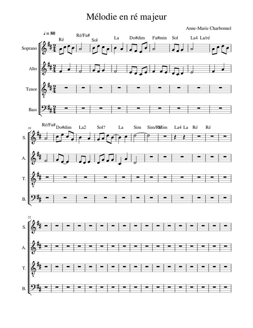 Mélodie en ré majeur Sheet music for Soprano, Alto, Tenor, Bass voice ...
