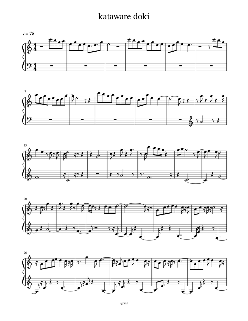 Kataware Doki Piano Sheet Music – VRIMCA