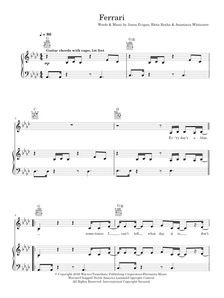 ferrari Sheet music for Piano, Vocals by Bebe Rexha Official ...