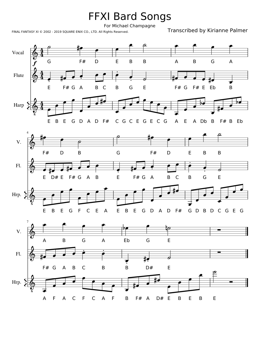 FFXI Bard Songs Sheet music for Piano, Flute, Harp (Mixed Trio ...