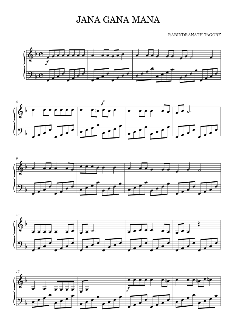 Jana Gana Mana – Rabindranath Tagore JANA GANA MANA Sheet music for Piano (Solo) Easy ...