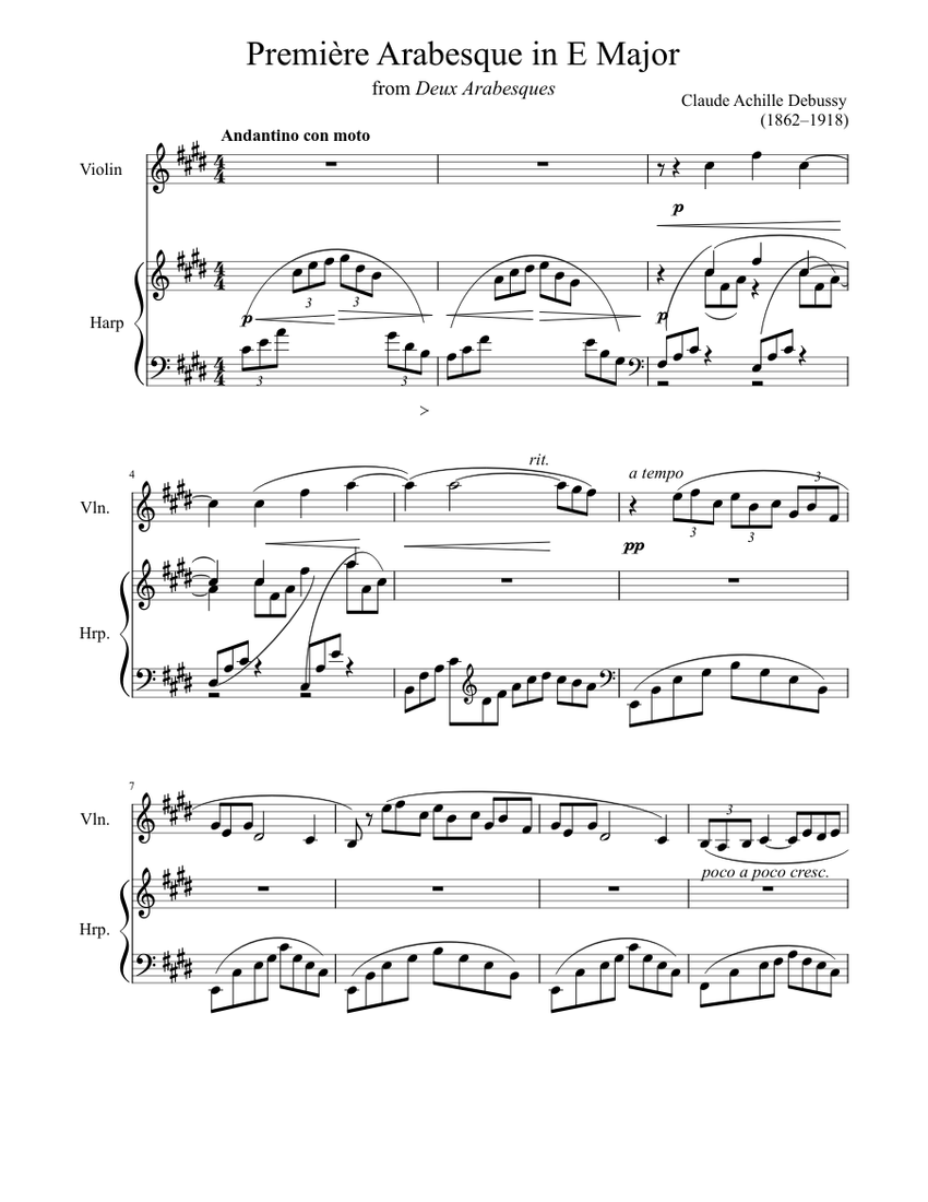 First Arabesque in E Major Sheet music for Violin, Harp (Solo ...