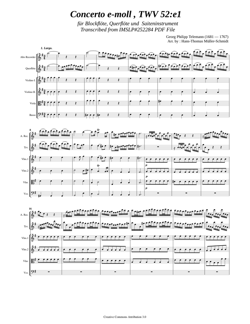 Telemann, G. P. _ Concerto e-moll, TWV 52:e1 Sheet music for Flute ...