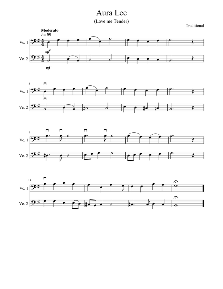 Traditional Aura Lee Love Me Tender Sheet Music For Cello String 2160