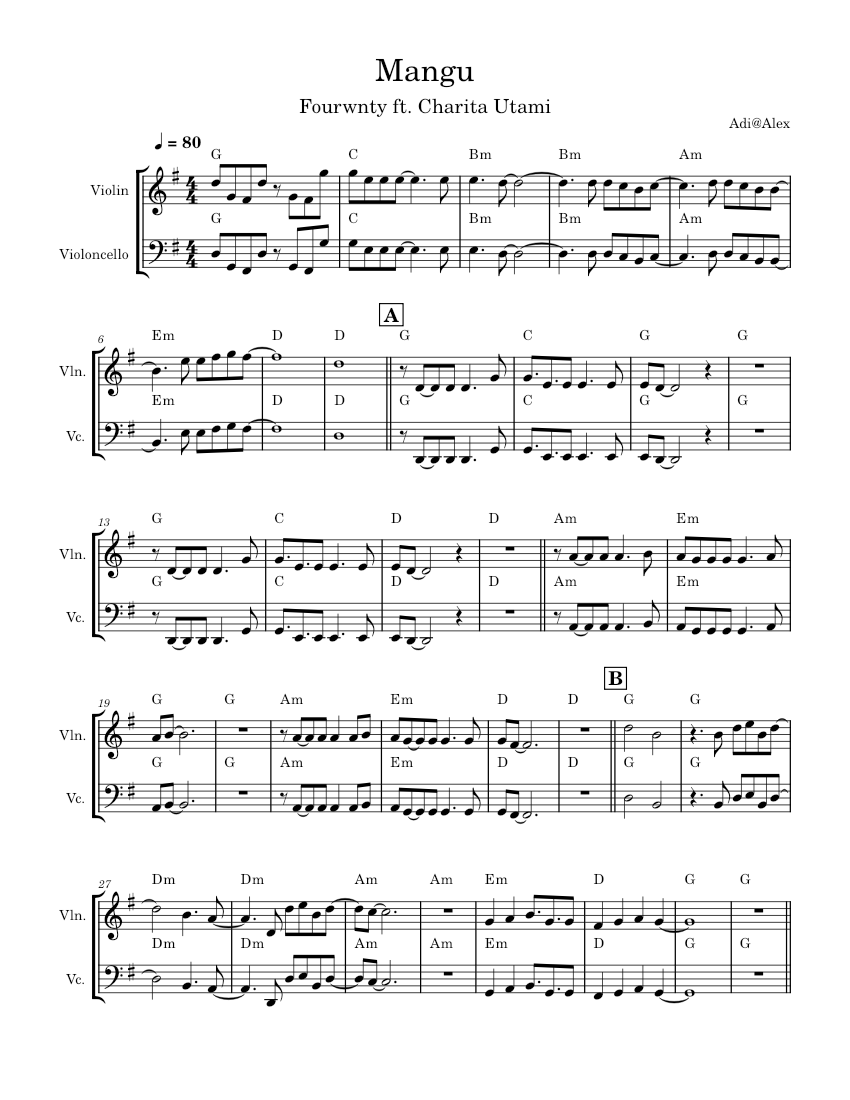 Mangu Sheet Music with Chords for Violin, Cello (String Duet ...