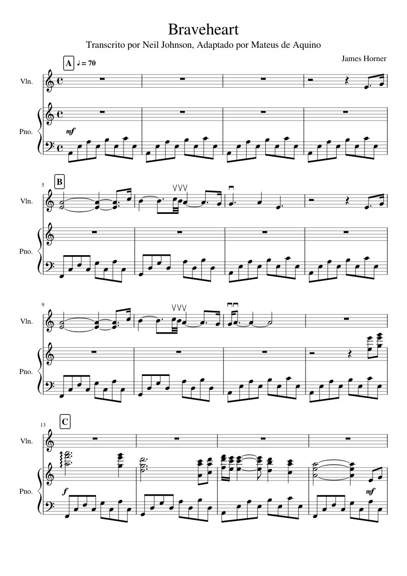 Braveheart - For the Love of a Princess Sheet Music for Piano, Violin ...