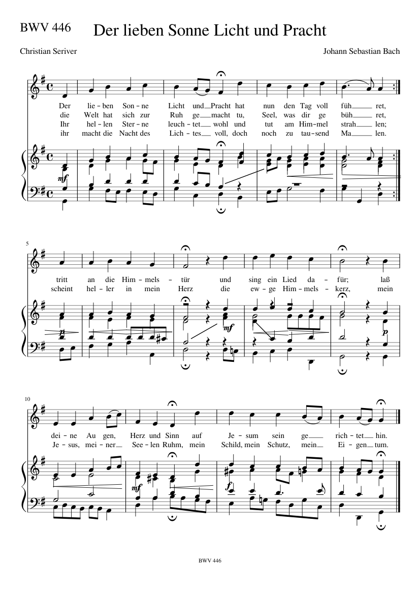 Der lieben Sonne Licht und Pracht BWV 446 Sheet music for Piano, Vocals (Piano-Voice ...