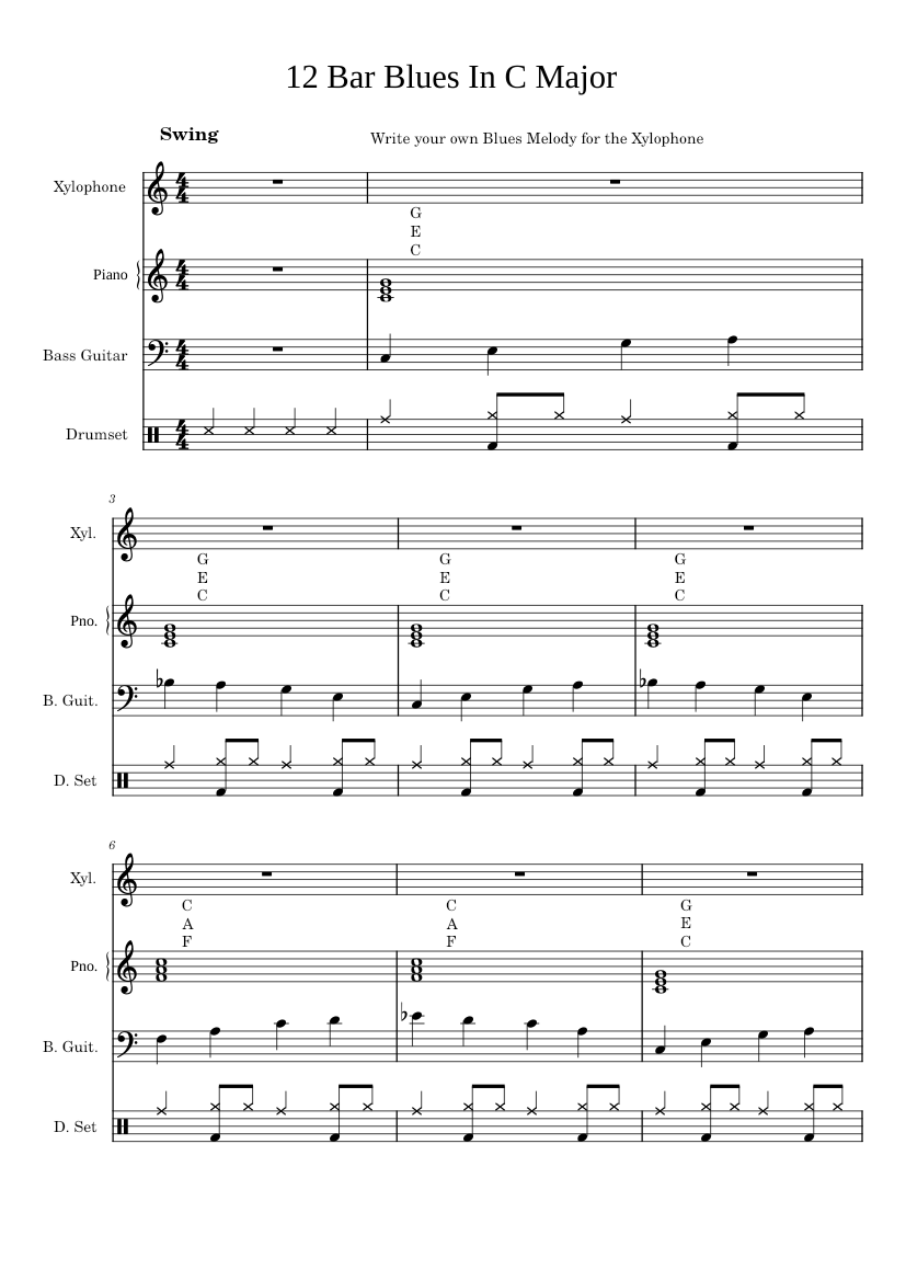 12_Bar_Blues_In_C_Major_ Year 8 Sheet music for Piano, Bass guitar ...