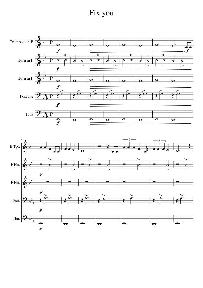 Fix You – Coldplay Fix You Qintett Sheet music for Trombone, Tuba ...