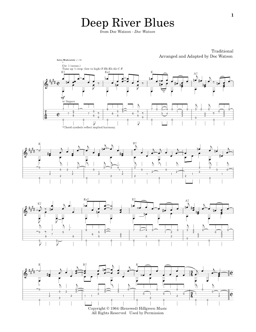 Play Official version of Deep river blues Sheet Music by Doc Watson for ...