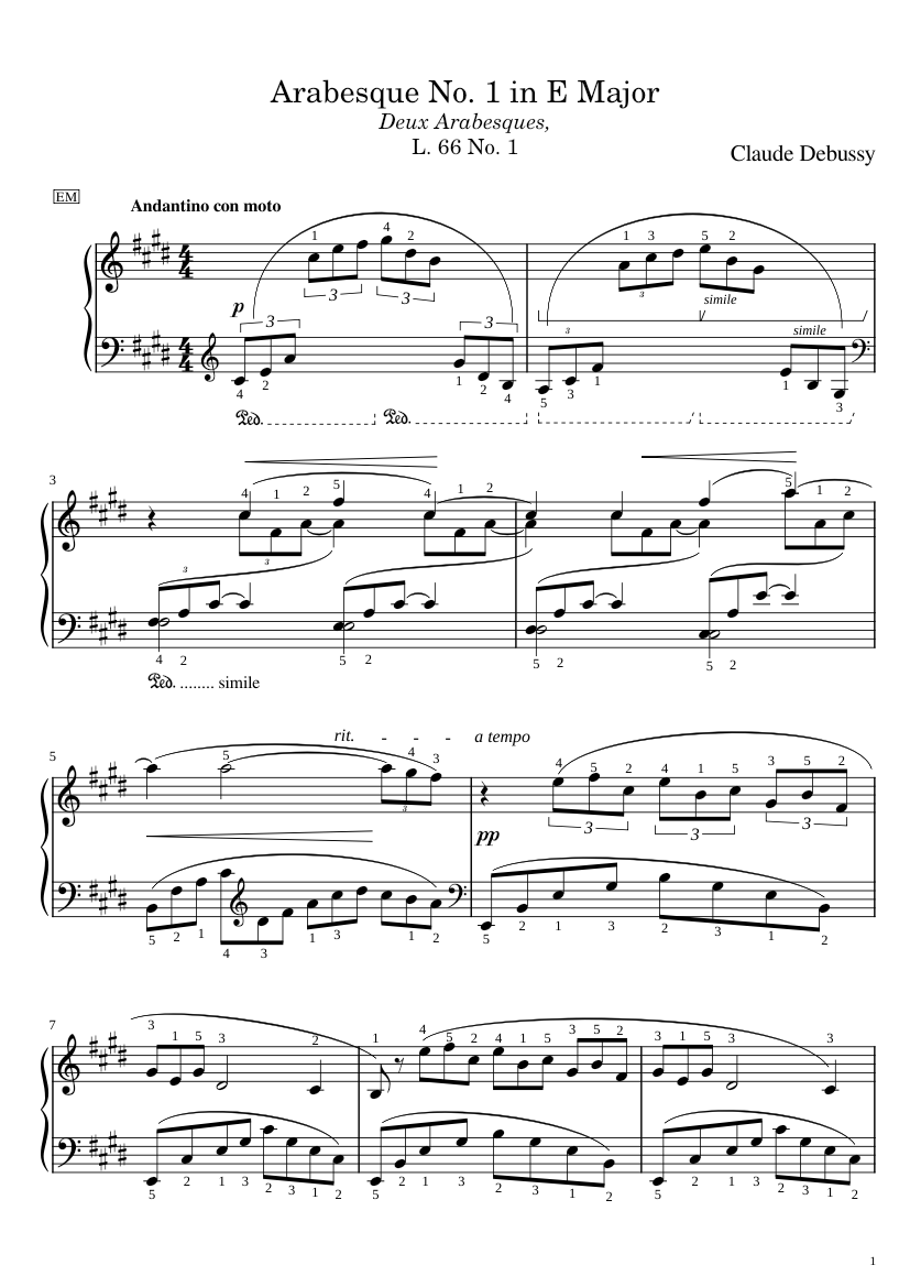 Arabesque L. 66 No. 1 in E Major - Claude Debussy Sheet Music for Piano (Solo) | MuseScore.com