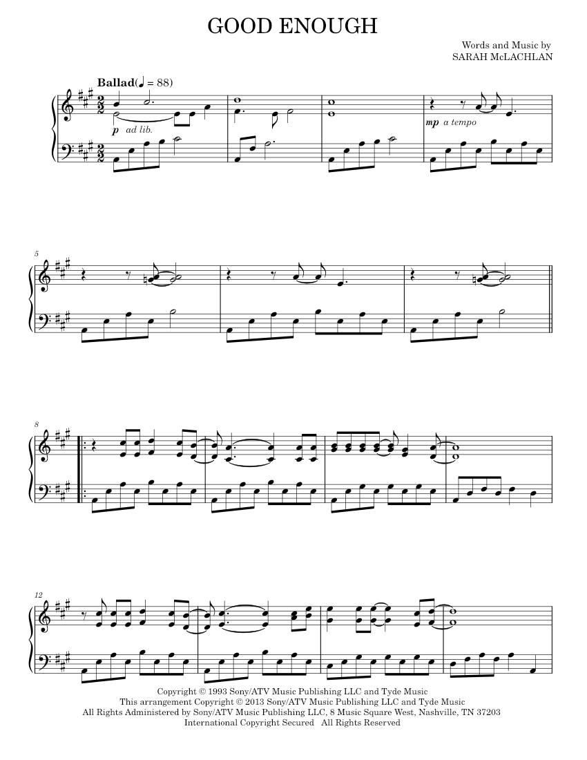 Play Official version of Good enough sheet music by Sarah McLachlan for ...