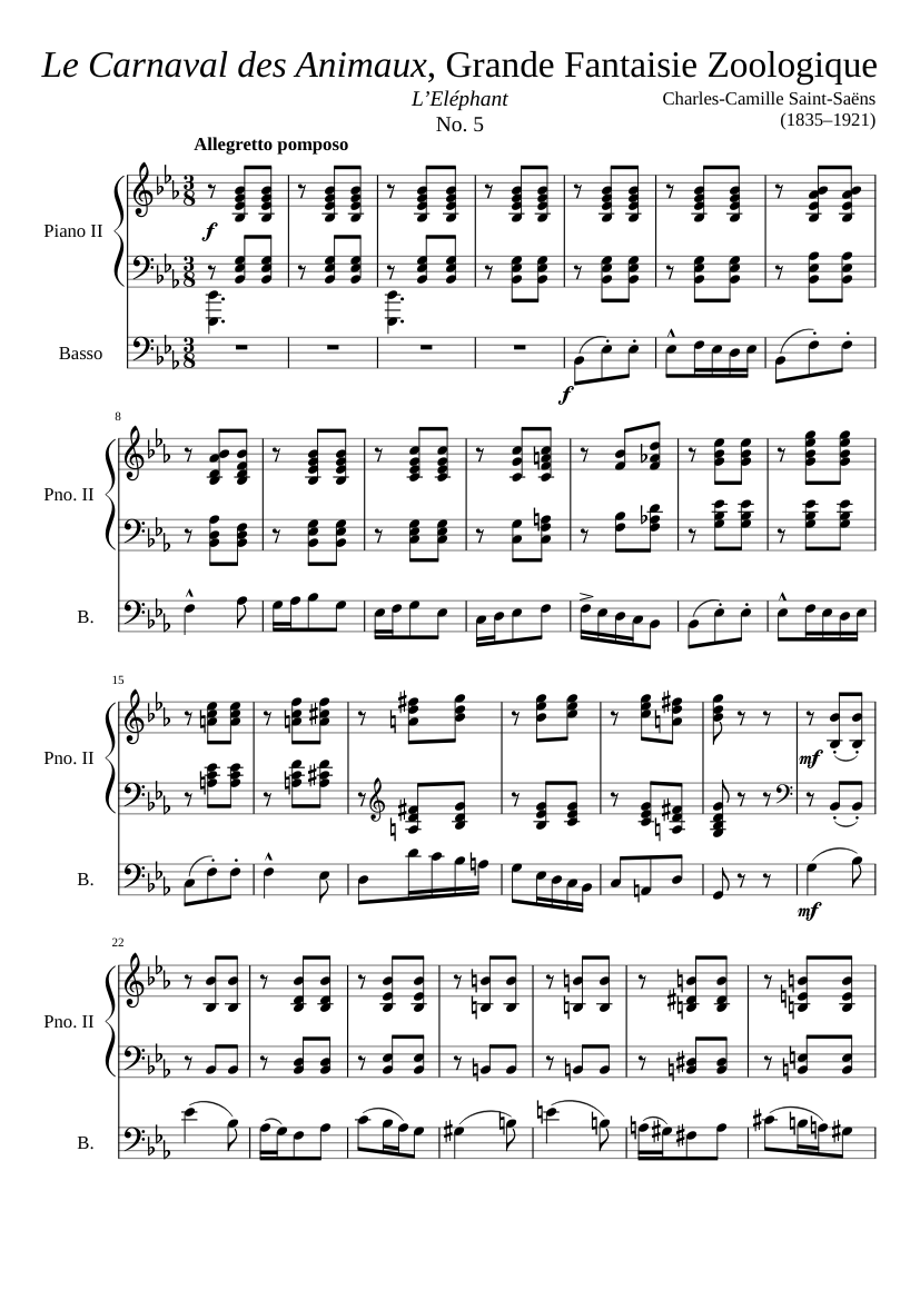 “Le Carnaval des Animaux” No. 5, “L’Eléphant” Sheet music for Piano ...