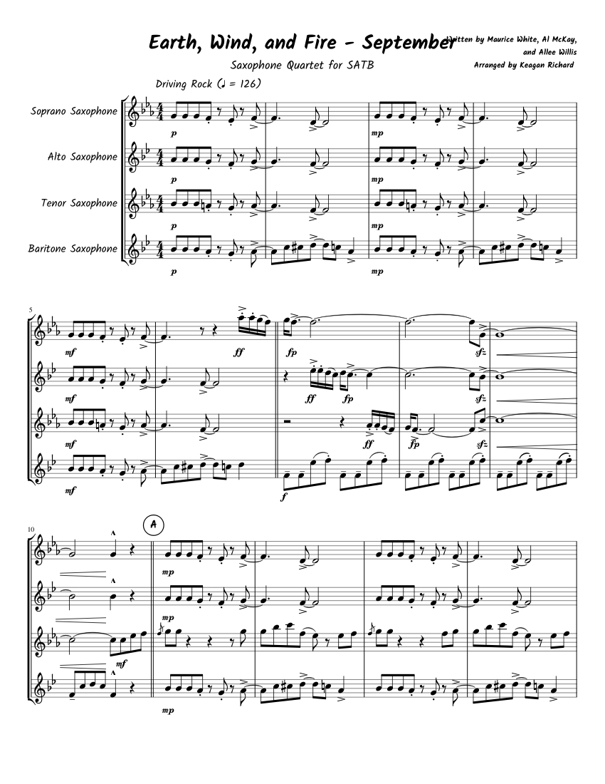Earth, Wind, and Fire - September Sax Quartet (Not Finished) Sheet ...