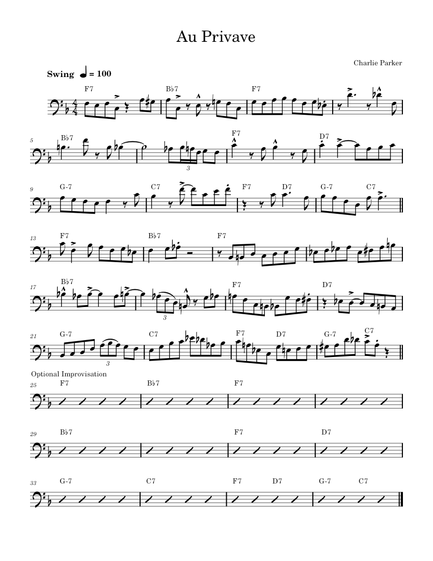 Au privave – Charlie Parker Sheet Music with Chords for Bass guitar (Solo) | MuseScore.com