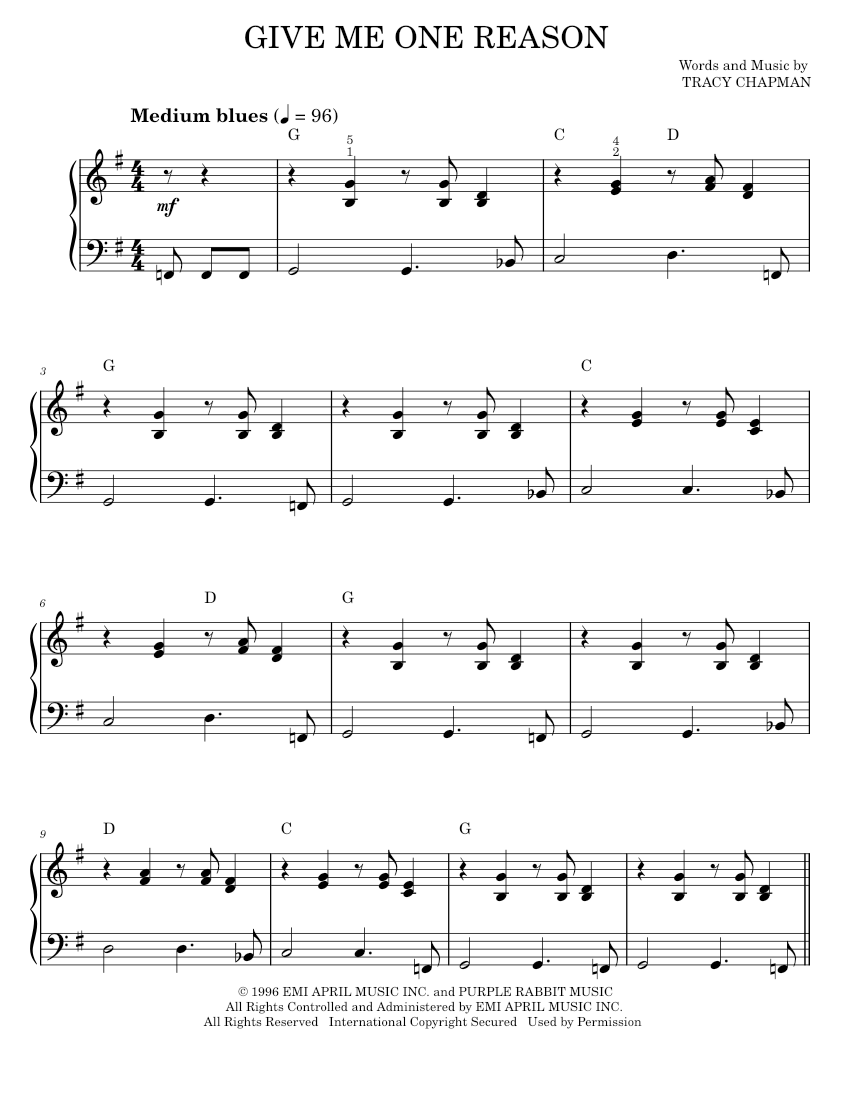 Play Official version of Give me one reason sheet music by Tracy ...