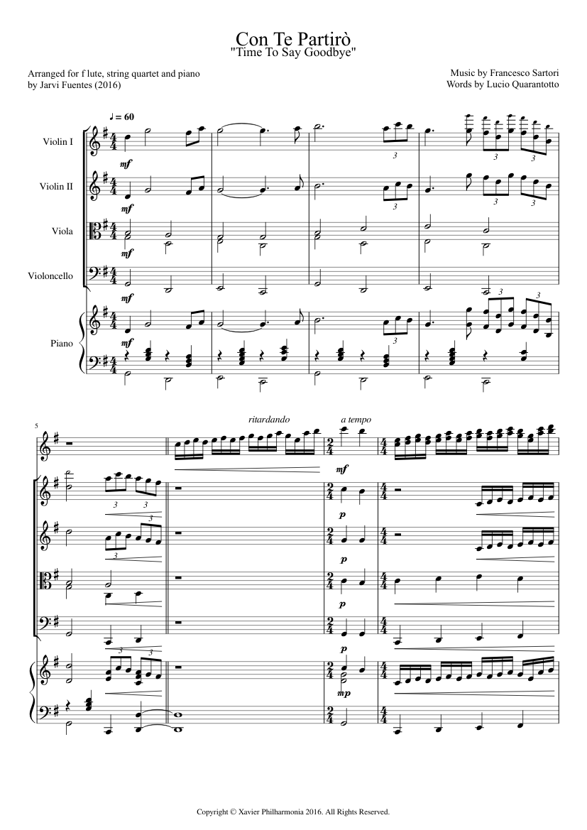 Con Te Partirò Sheet Music for Piano, Flute, Snare drum, Violin & more ...