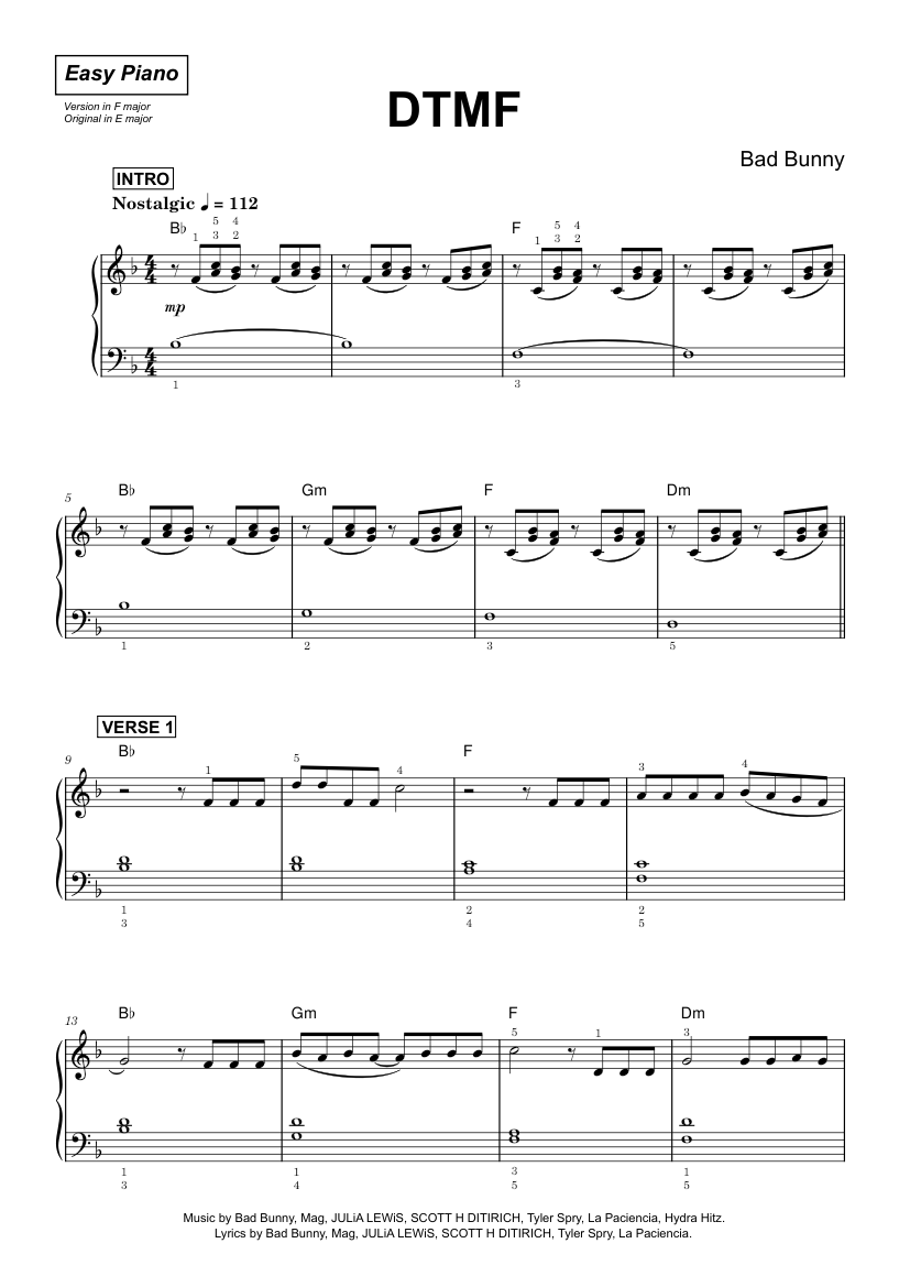 Play Official version of DtMF Sheet Music by Bad Bunny for Piano ...