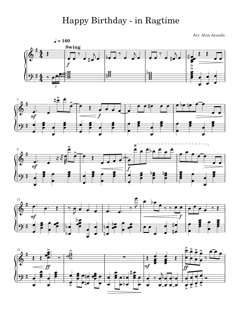 Happy Birthday - in Ragtime Sheet Music for Piano (Solo) | MuseScore.com