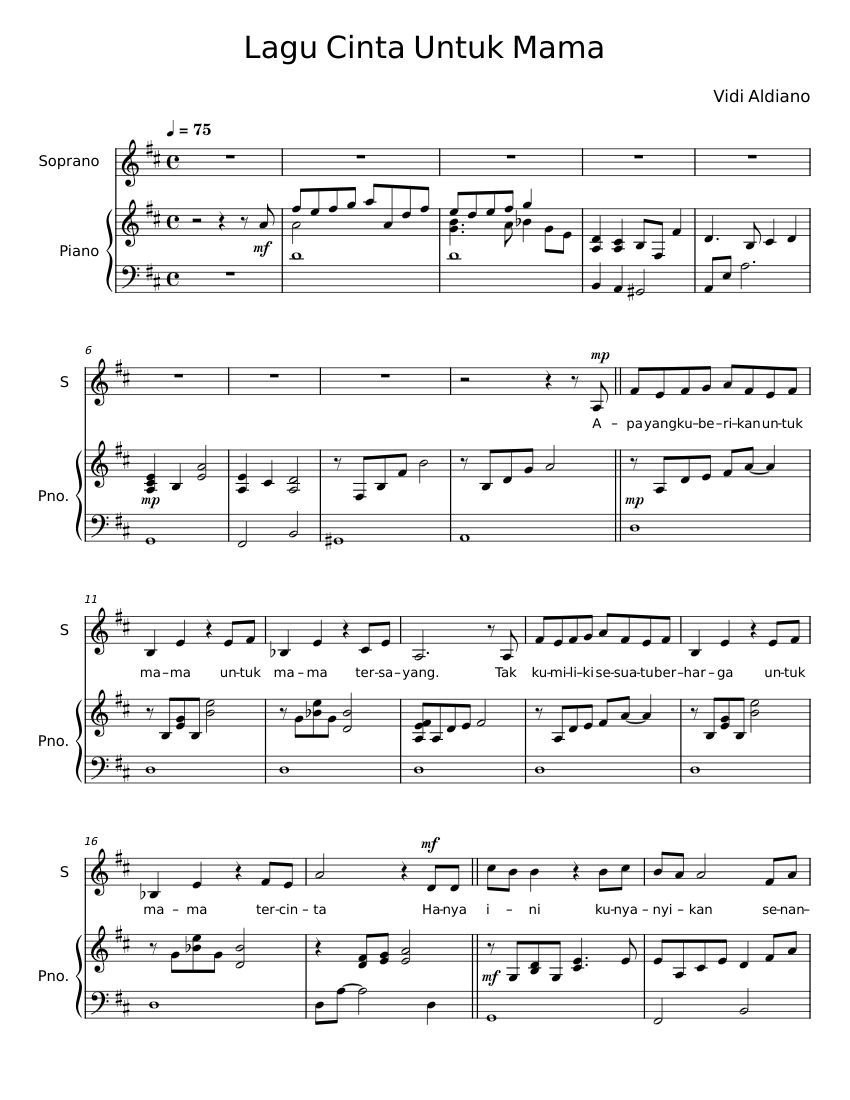 Lagu Cinta Untuk Mama - Vidi Aldiano Sheet Music for Piano, Synthesizer ...