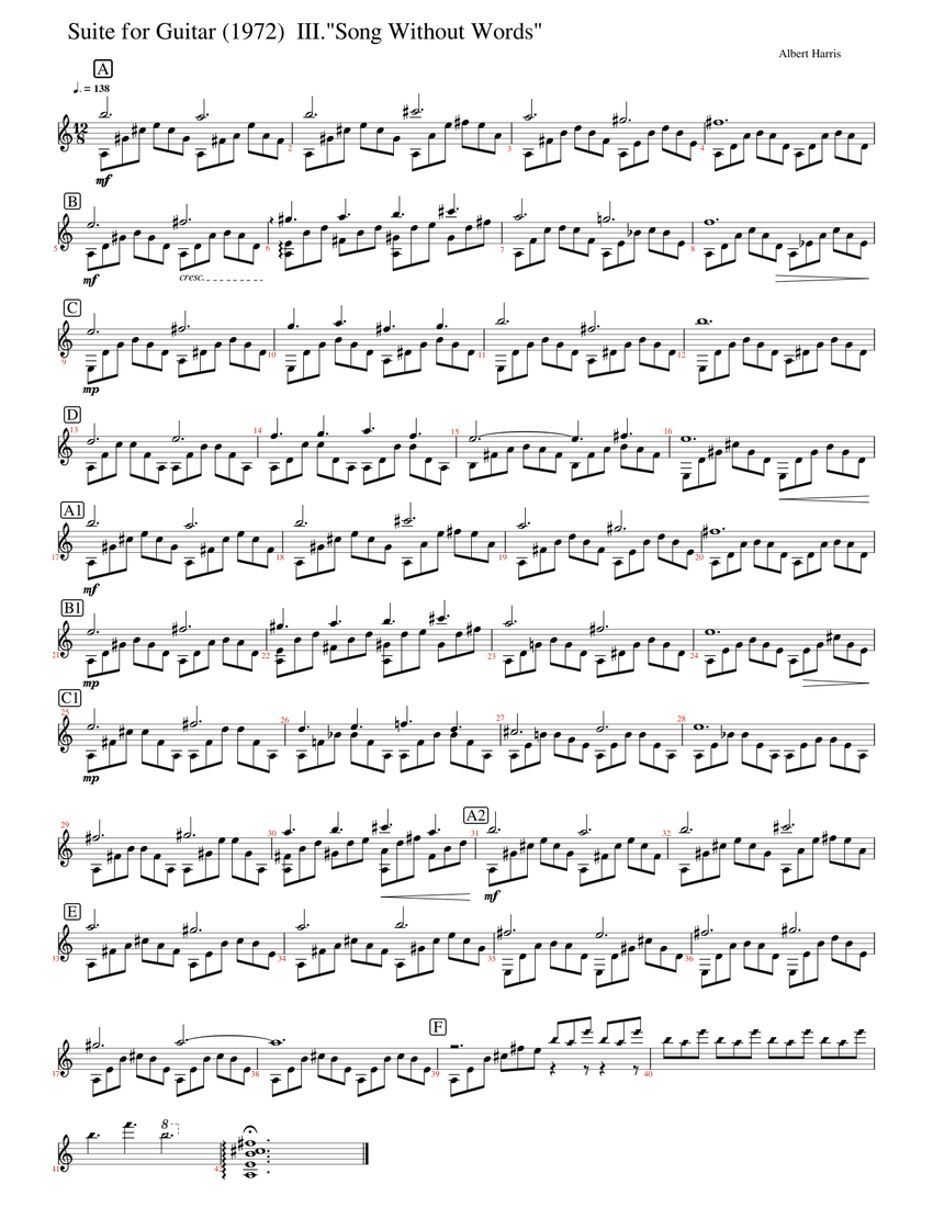 Suite For Guitar (1972), III. Song without Words – Albert Harris Sheet ...