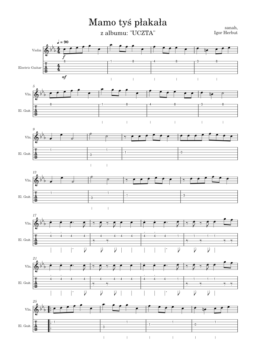 Mamo Tyś Płakała – Sanah , Igor Herbut Sheet Music and Tab for Violin ...