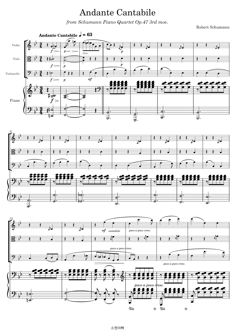 Piano Quartet, Op.47, 3rd mov – Robert Schumann Sheet Music for Piano, Violin, Viola, Cello ...