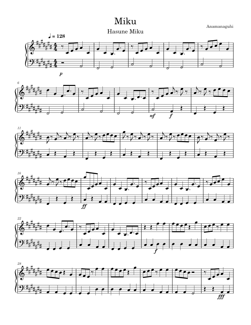 Miku Feat. Hatsune Miku – Anamanaguchi Sheet Music for Piano (Solo ...