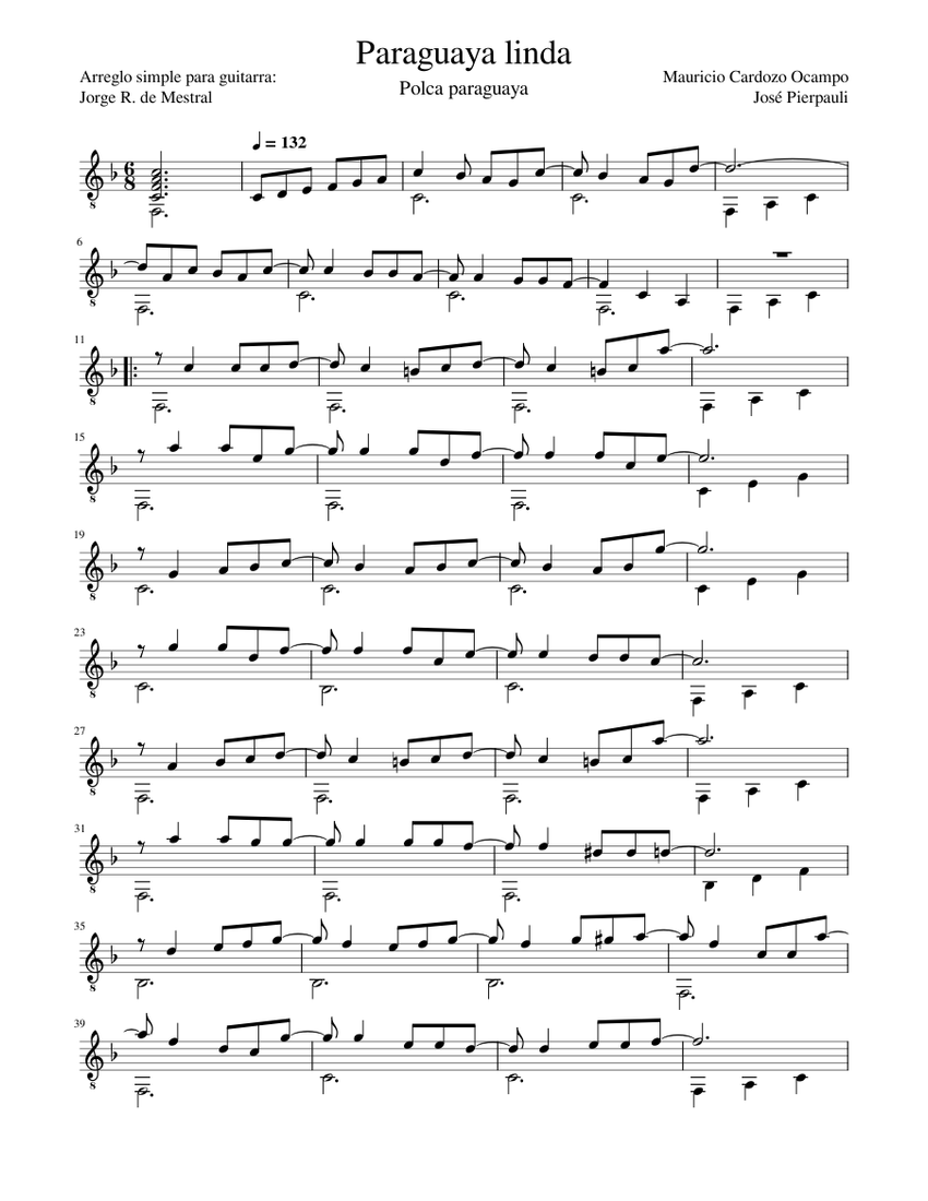 Paraguaya Linda – Mauricio Cardozo Ocampo - José Pierpauli Sheet music for Guitar (Solo ...