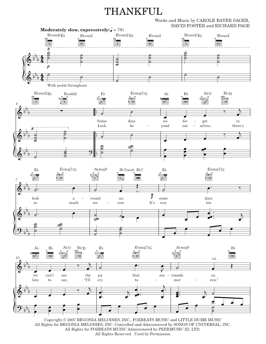 Thankful Sheet music for Piano, Vocals by David Foster: Music Notes by ...