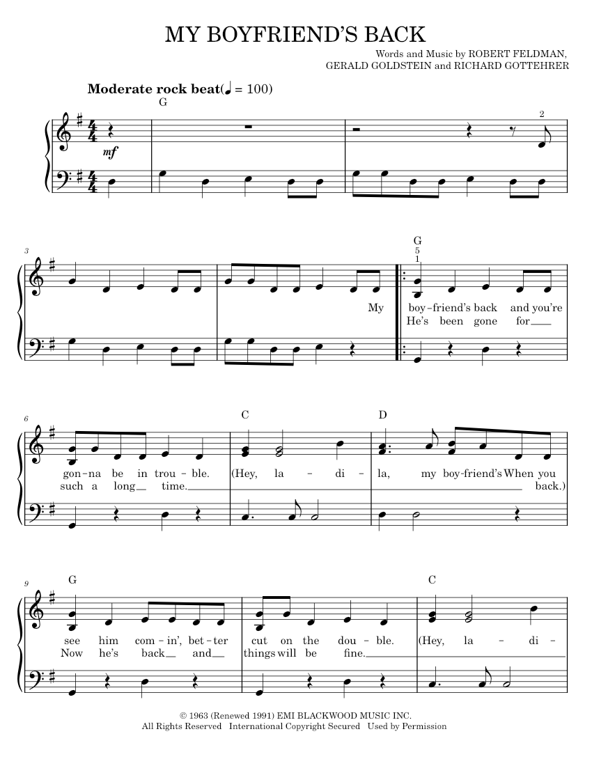 Play Official version of My Boyfriend's Back Sheet Music by Bobby ...