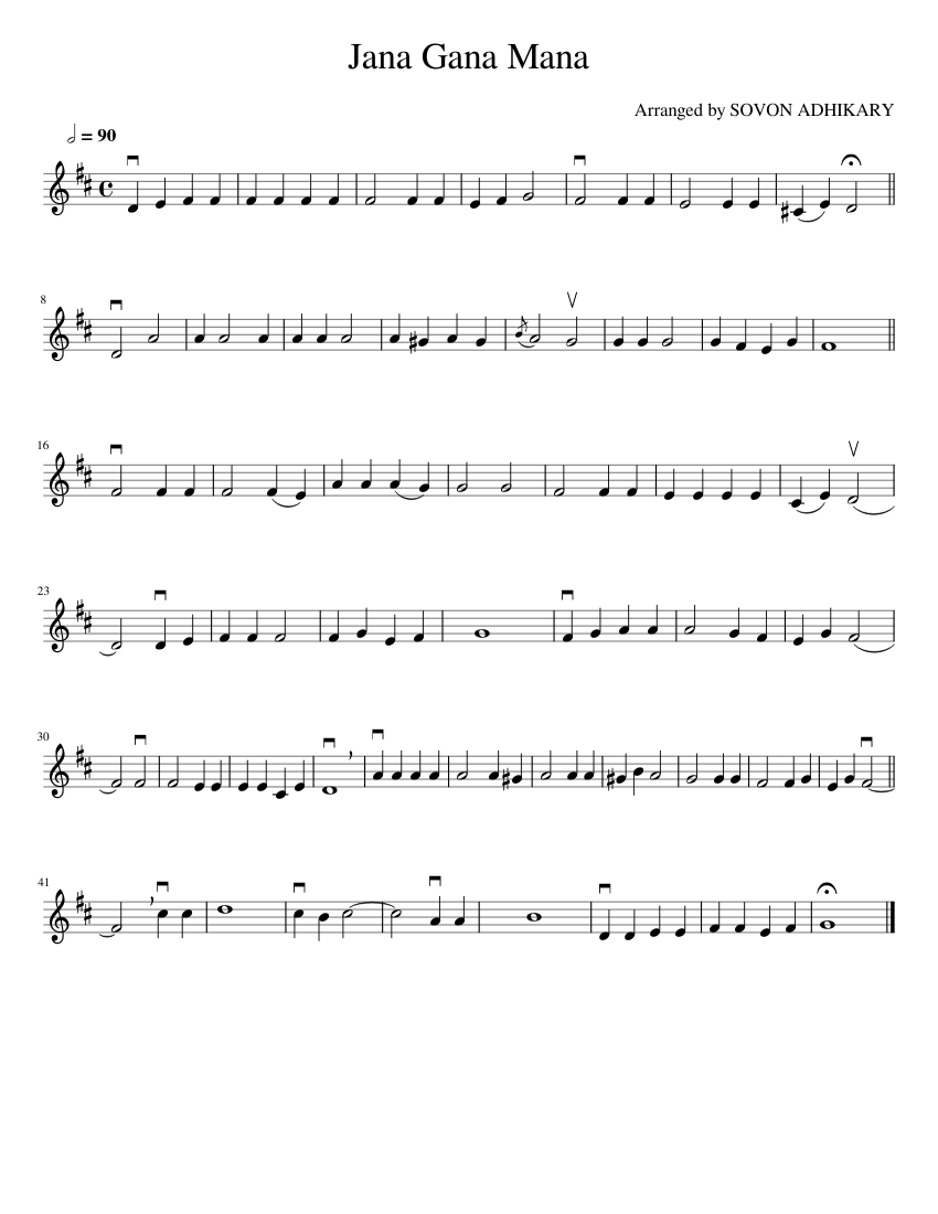 Jana Gana Mana – Rabindranath Tagore Violin Part- Arr. Sovon Adhikary Sheet Music for Piano ...