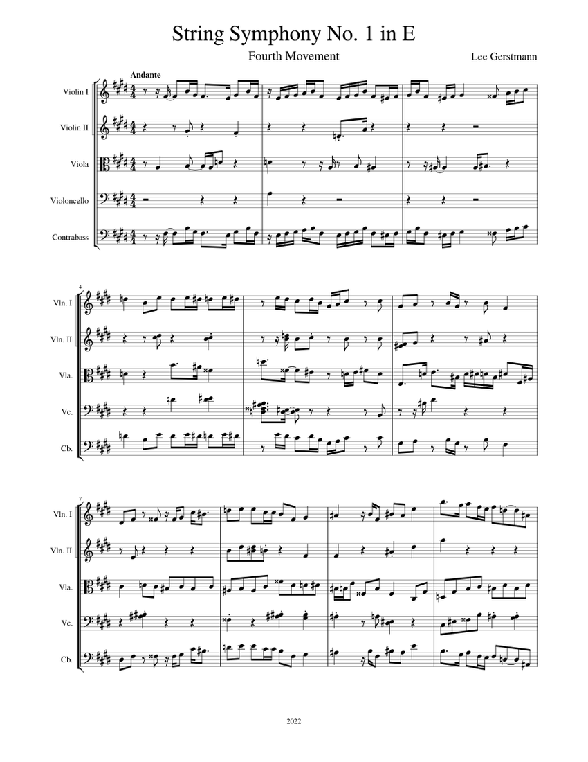 String Symphony No. 1 in E - Fourth Movement - Lento Sheet music for Contrabass, Violin, Viola ...